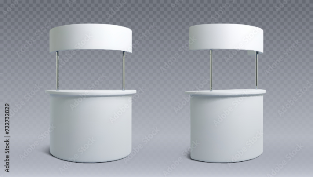 Advertising and promo white booth stand mockup with signboard. Realistic vector illustration set ...