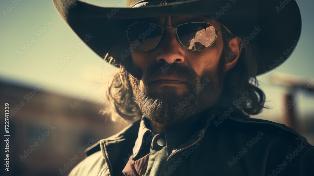 A man in sunglasses and a cowboy hat. Sheriff in the wild west. Lonely ...
