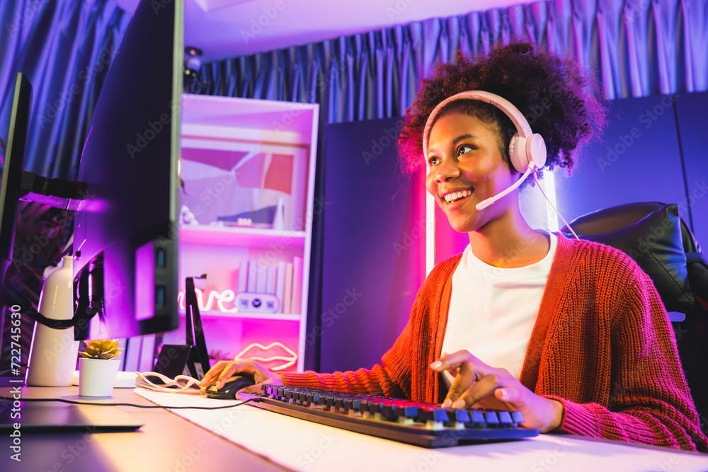 African American girl streamer playing online fighting with Esport ...