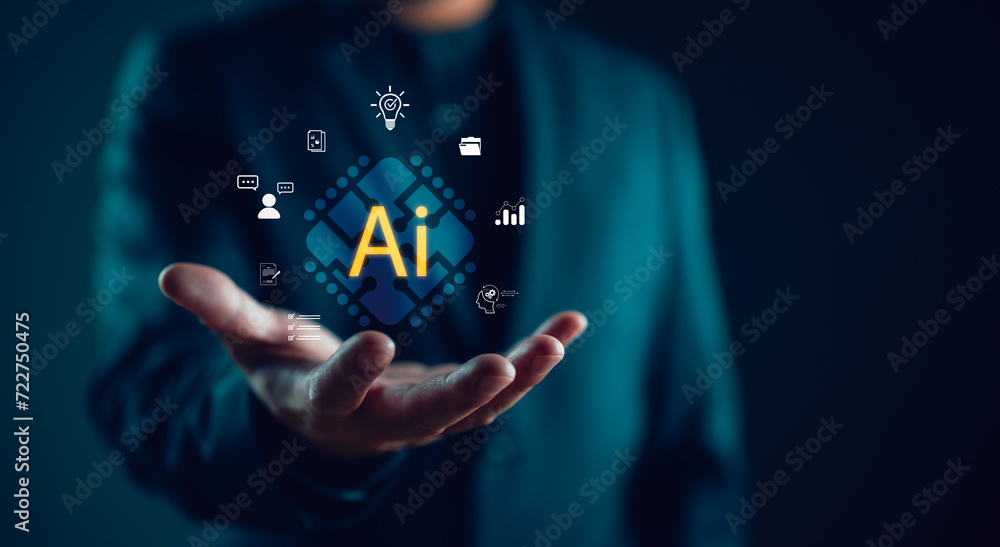 Ai tech, businessman show virtual graphic Global Internet connect AI ...