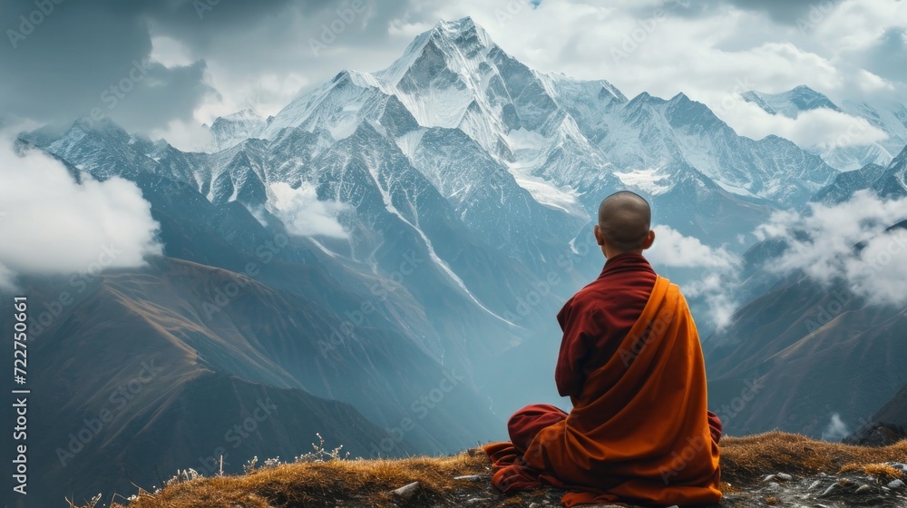Tibetan monk from back sitting on the stone near the water in the ...