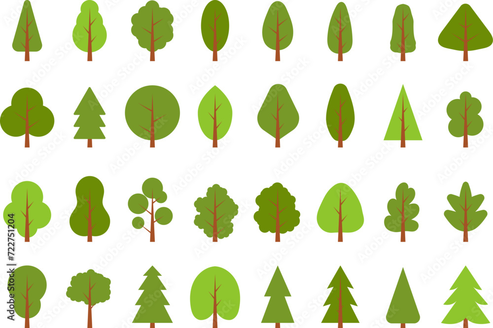 Flat trees set, pines, spruces, conifers and deciduous trees. Forest ...