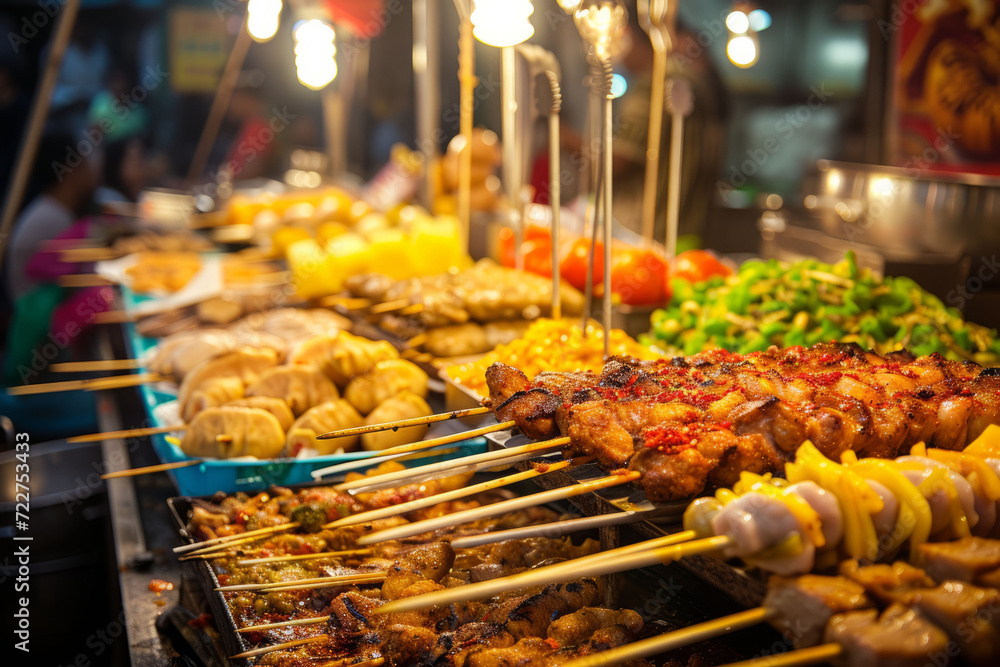 Halal street food, including grilled meats, rice, and pickled vegetables on vibrant market ...