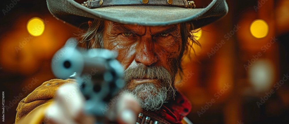 With a revolver pistol weapon and a bandolier of bullets, the outlaw is ...