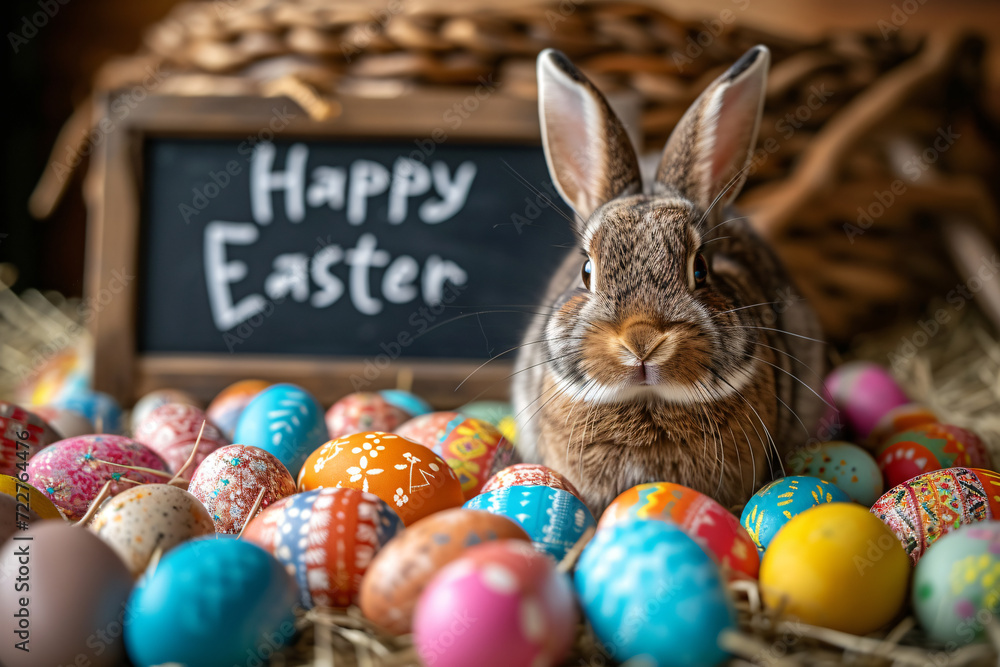 Easter bunny with eggs and sigh "Happy easter" ai generated art. Stock ...