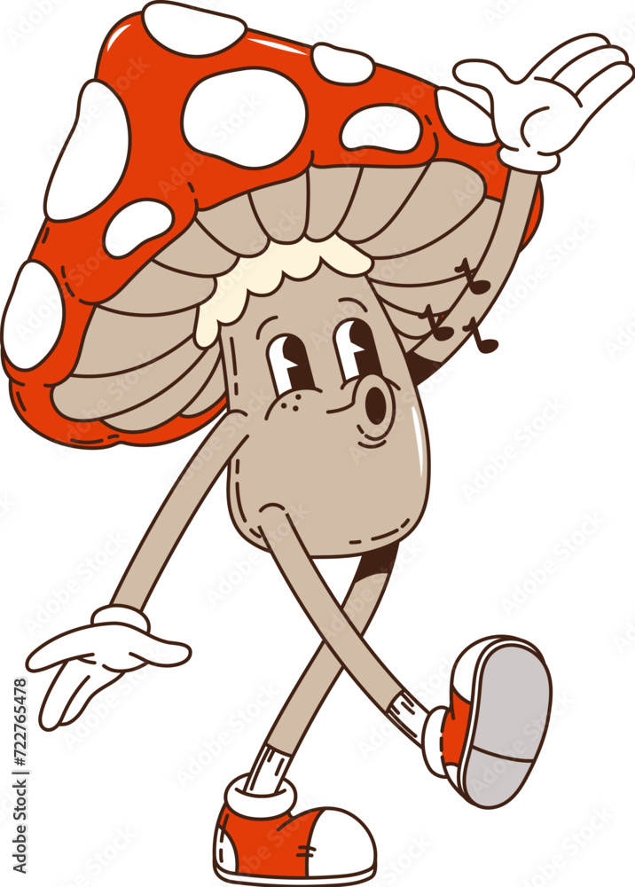 Groovy mushroom cartoon character whistling song with happy face ...