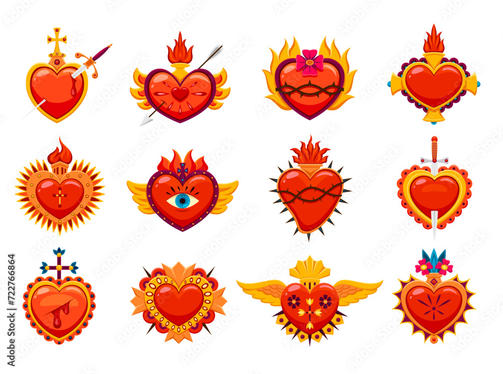 Mexican sacred hearts. Cartoon vector set of vibrant and intricate ...