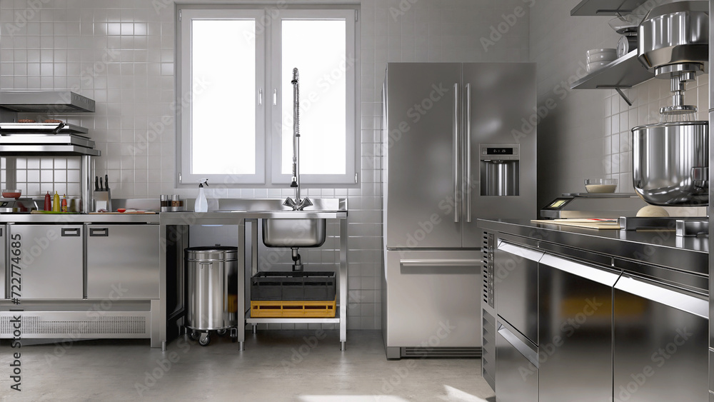 Stainless steel washing sink, cabinet, shelf, table with utensils ...