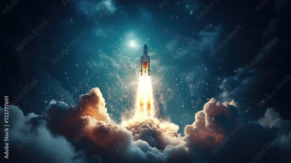 Rocket space modern technology rocket with smoke and blast takes off to ...