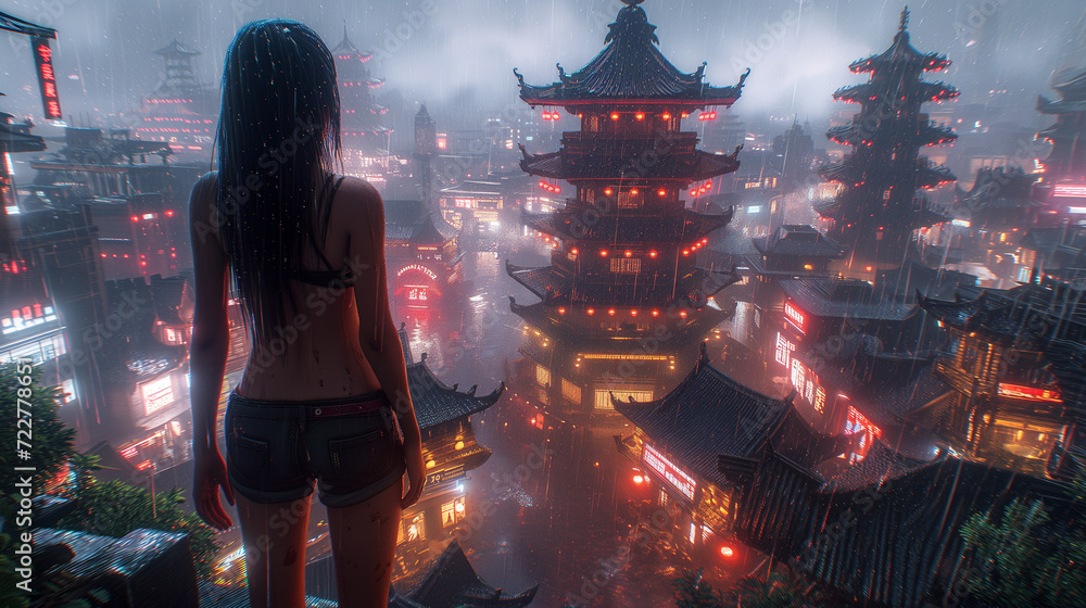 A woman in wet jean shorts stands on a ledge, gazing at a Chinese city ...