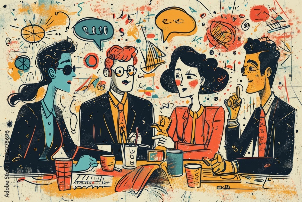 Cartoon cute doodles of business meetings and collaboration scenes ...