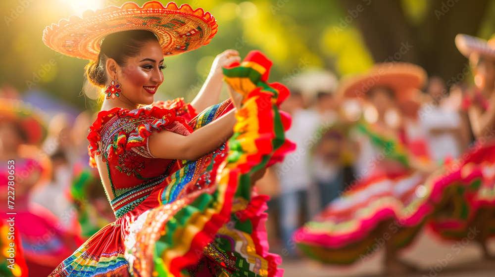 a Hispanic dancer, her face alight with joy as she performs a ...