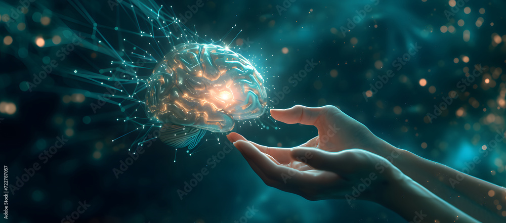 A hand holding a brain icon represents futuristic thinking and ...