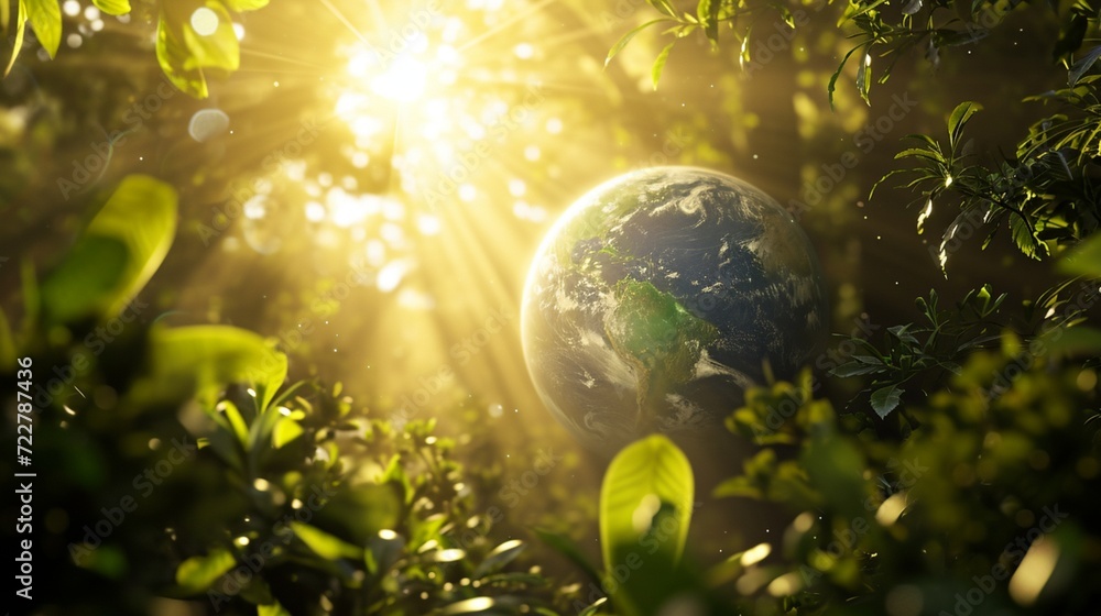 Render a scene where the initial sunbeam bathes the Earth in a pristine ...