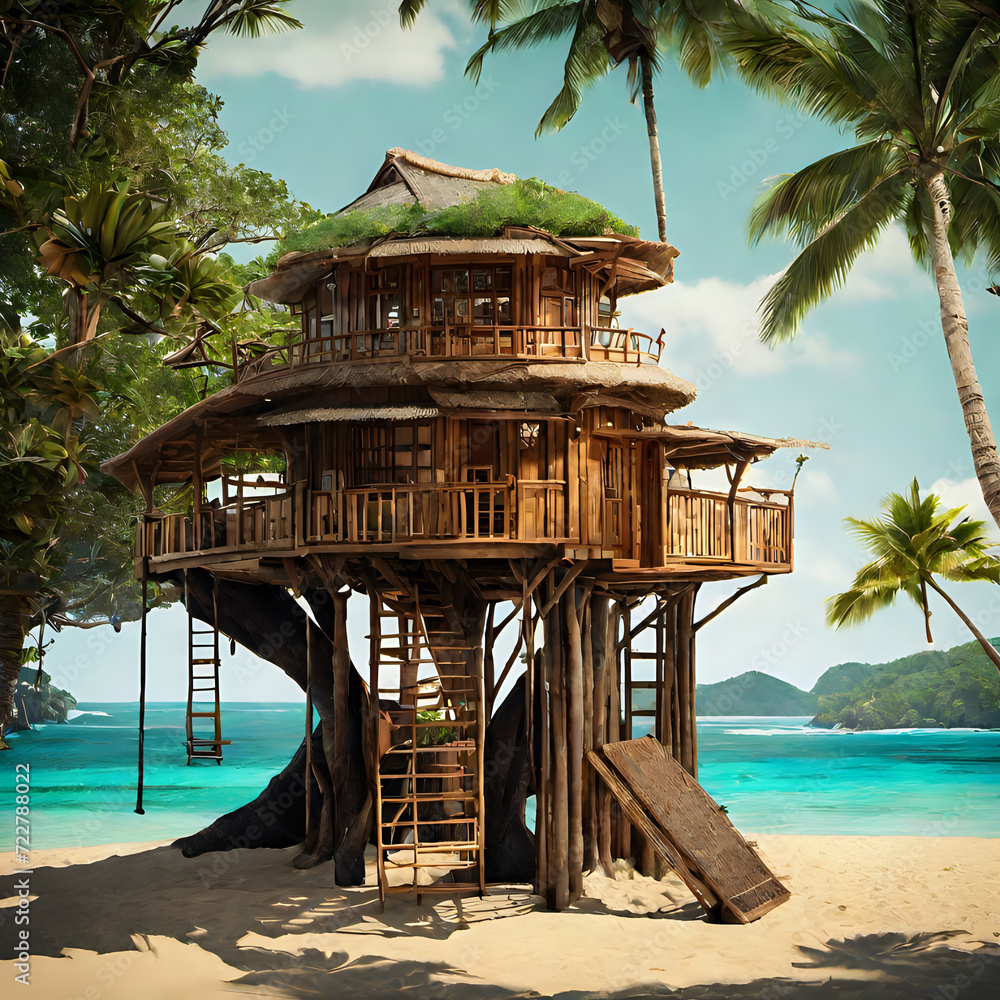 a tree house sitting on top of a sandy beach, pine treehouse, beachwood ...