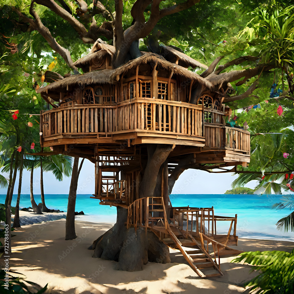 a tree house sitting on top of a sandy beach, pine treehouse, beachwood ...