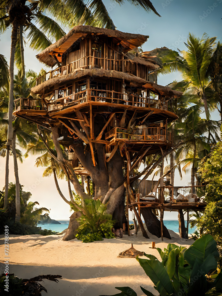 a tree house sitting on top of a sandy beach, pine treehouse, beachwood ...