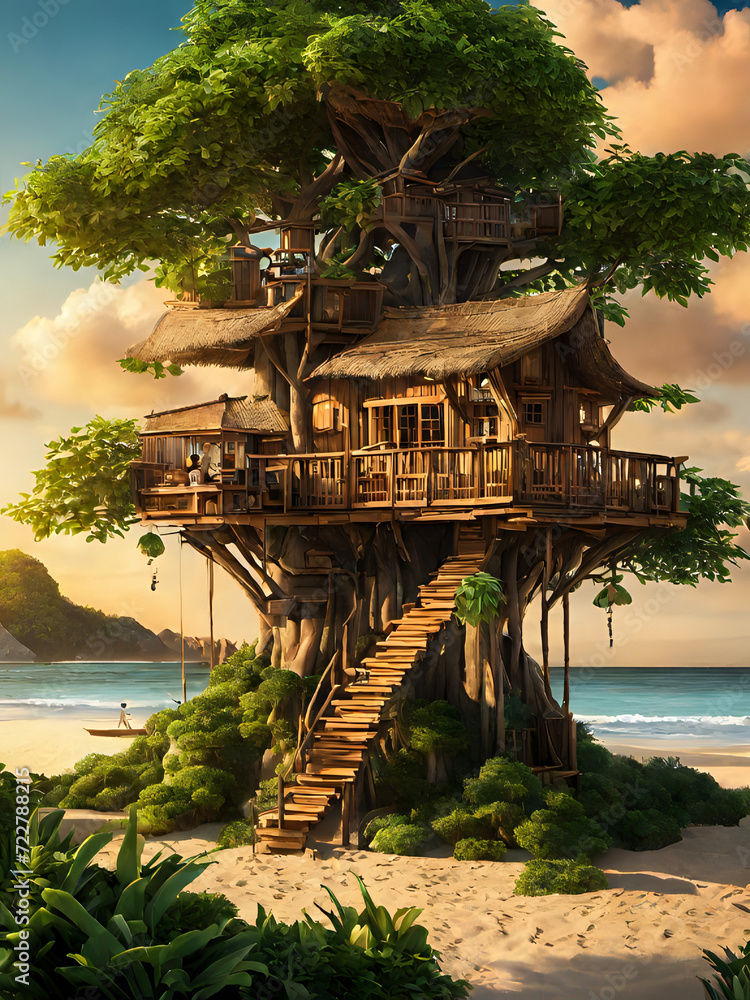 a tree house sitting on top of a sandy beach, pine treehouse, beachwood ...