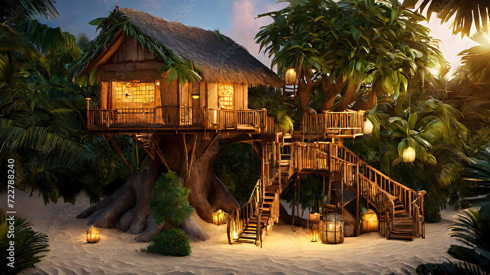 a tree house sitting on top of a sandy beach, pine treehouse, beachwood treehouse, lookout tower ...