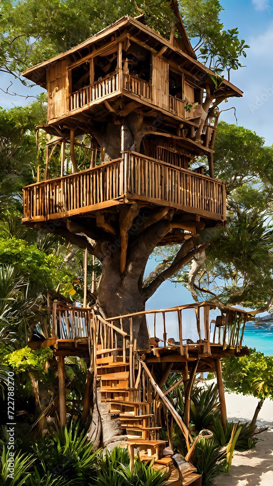 a tree house sitting on top of a sandy beach, pine treehouse, beachwood ...