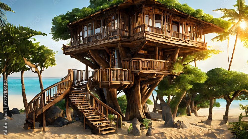 a tree house sitting on top of a sandy beach, pine treehouse, beachwood ...