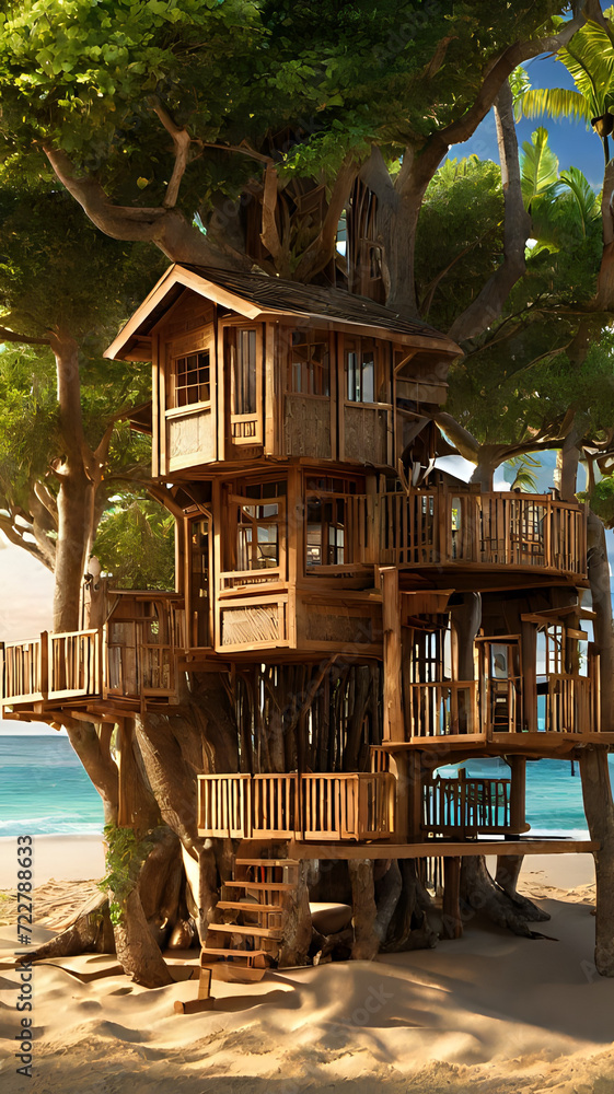 a tree house sitting on top of a sandy beach, pine treehouse, beachwood ...