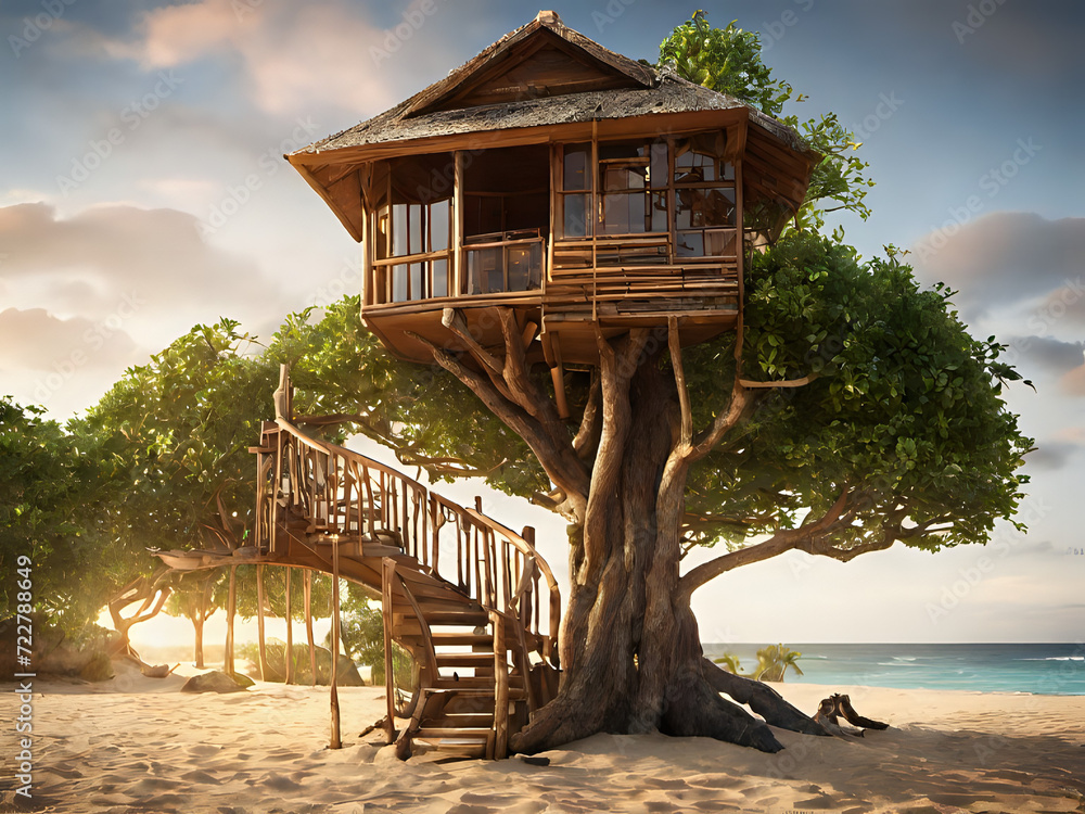 a tree house sitting on top of a sandy beach, pine treehouse, beachwood ...