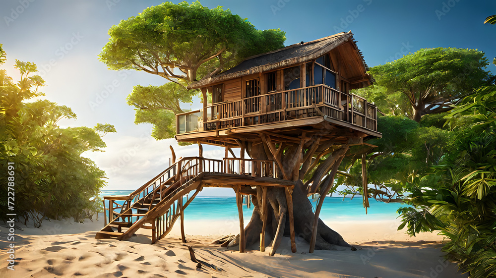 a tree house sitting on top of a sandy beach, pine treehouse, beachwood ...