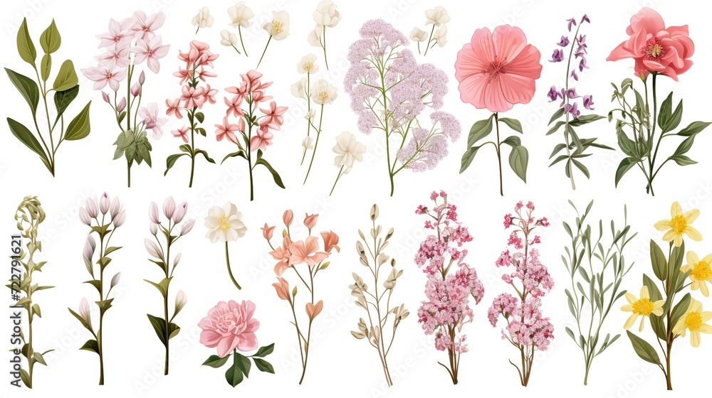 Collection of floral elements with spring flowers with tree branches as ...