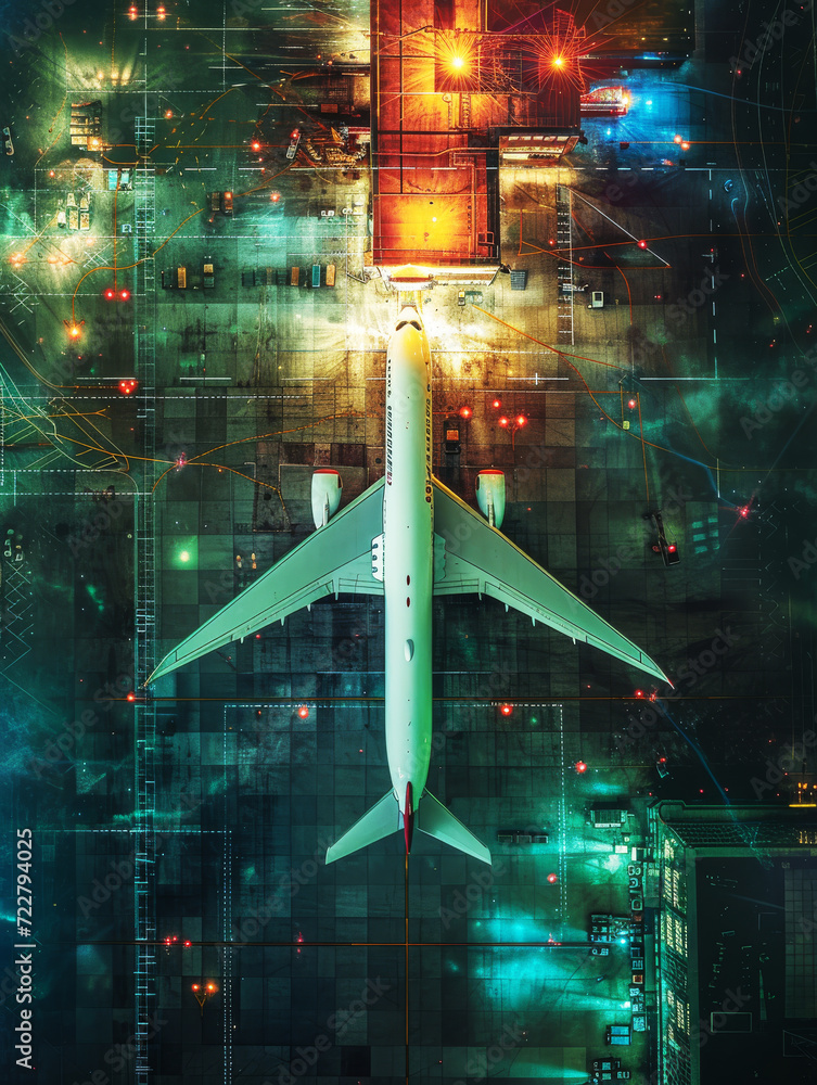 Aerial View of Airplane at Airport with Digital Overlay. Overhead view ...