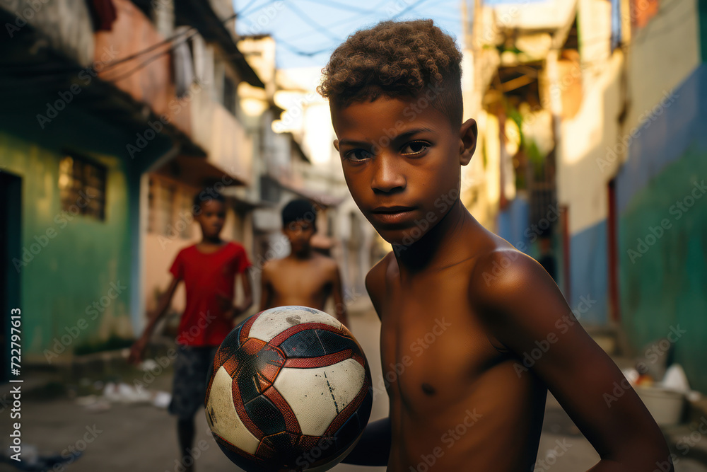 Photograph of a young Brazilian boy, around 10 years old, playing with ...