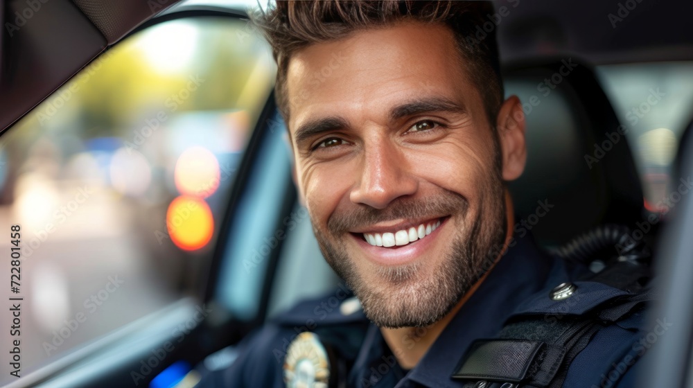 Handsome young American police officer sitting in his car and smiling ...