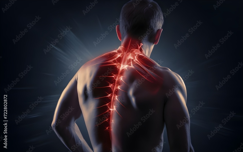 Medical illustration of a person suffering from back pain and cervical ...