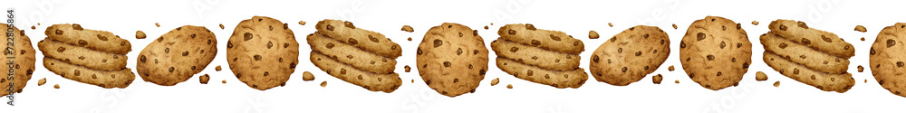 Chocolate chip cookies. Isolated watercolor seamless border with ...