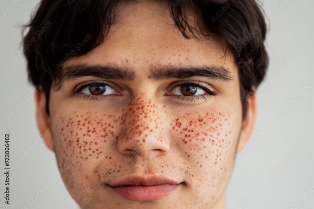 guy with freckles. the face of a young guy with thick black eyebrows ...