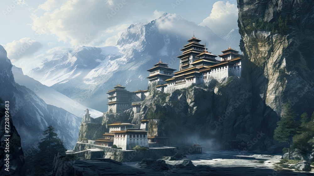 Mountain monastery with ancient, ornate architecture, a sacred haven ...