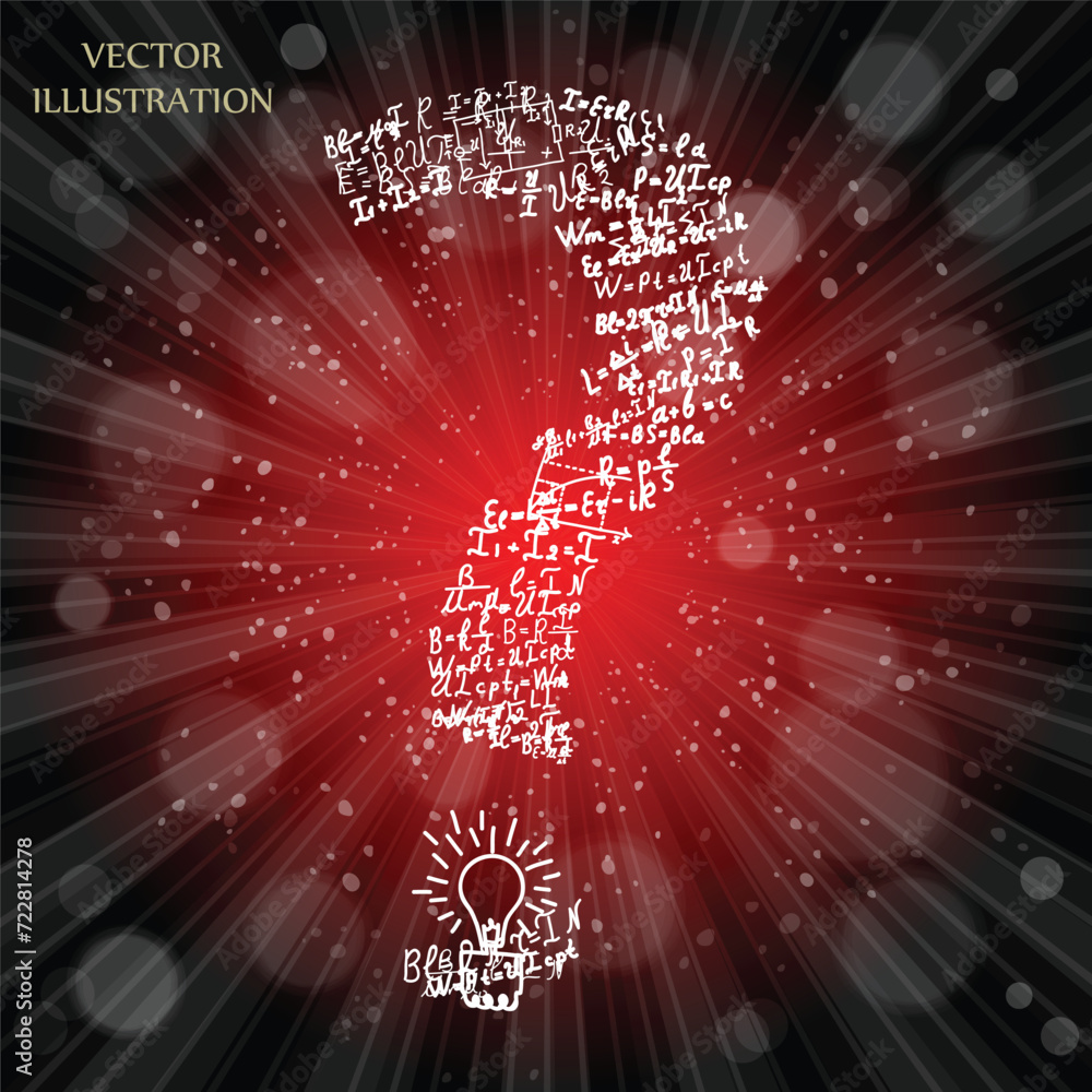 Mathematical equations and formulas in a circle frame. Question mark ...