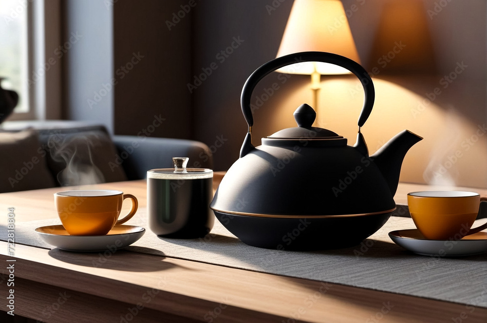 Teapot with tea mug are on table at interior for tea with guests ...