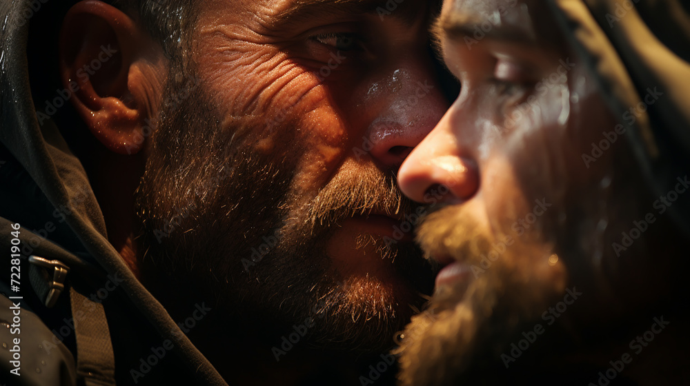 LGBT couple kiss lips. Passion and sensual touch. Closeup of mouths ...
