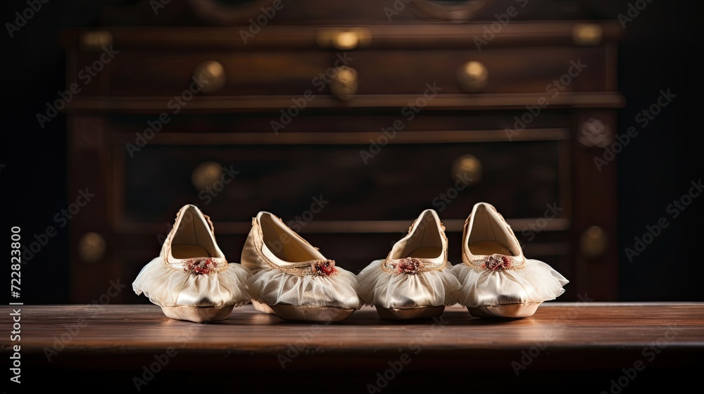 Sophisticated ballet shoes resting on a stage. Refined footwear, dance ... Sophisticated ballet shoes resting on a stage. Refined footwear, dance ...