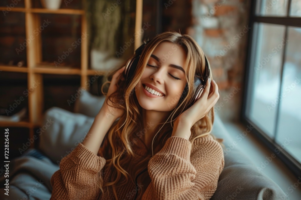 Pure relaxation encapsulated. A radiant girl on her sofa, engrossed in ...