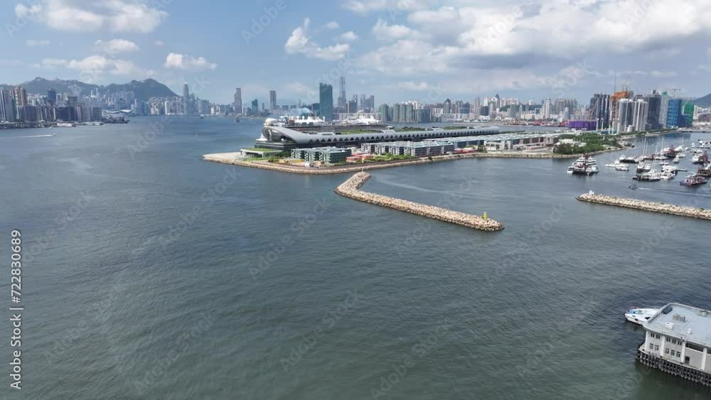 Drone Aerial Skyview of a Mega Luxury Cruise Ship is docking at the Kai ...