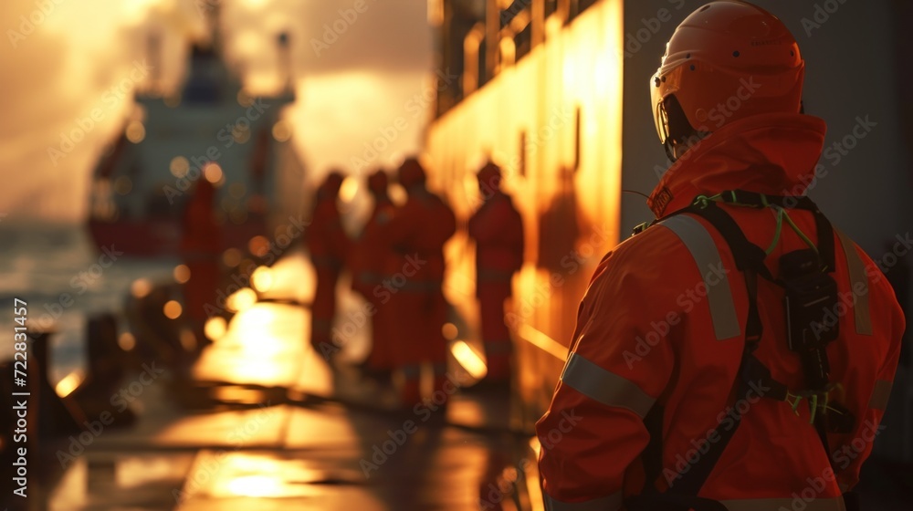 crew members of a cargo ship as a cohesive team, demonstrating safety ...