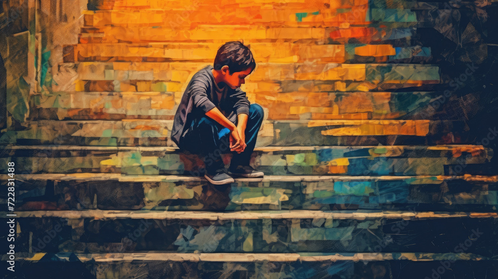 Sad child school boy suffering from depression sitting alone at stairs ...