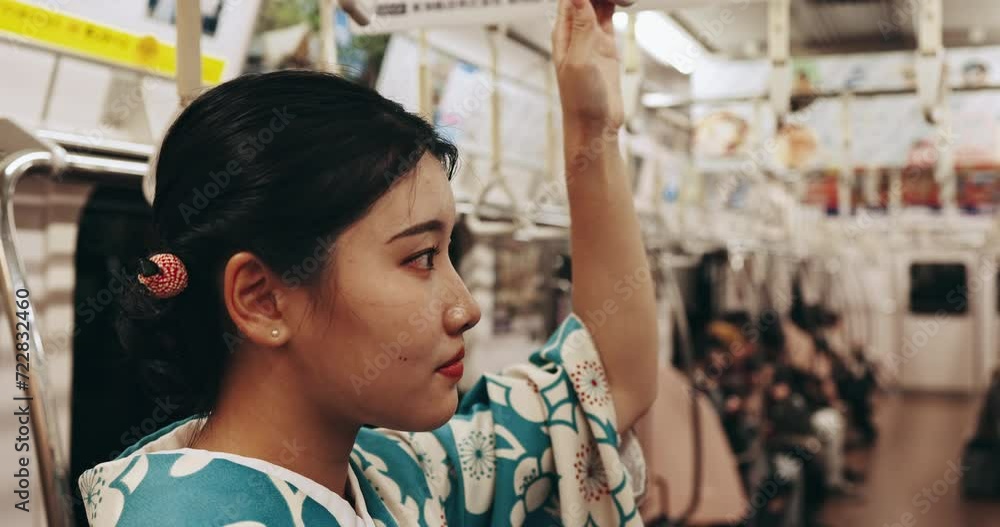 Train, travel and Japanese woman on commute in traditional clothes ...