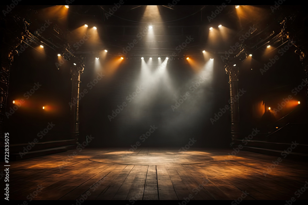 empty Illuminated stage with scenic lights and smoke. white gold ...