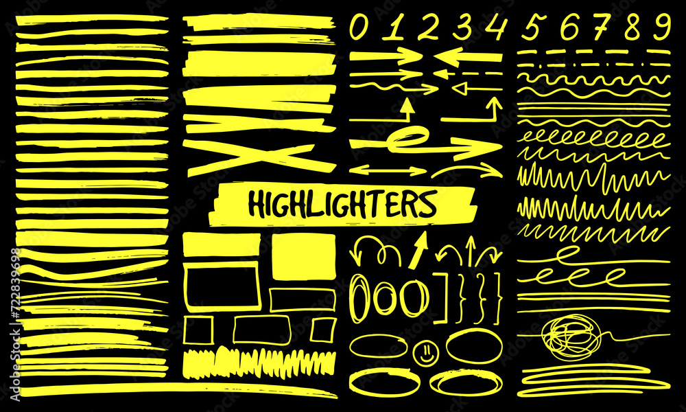 Yellow highlighters markers in hand-drawn style. Vector illustration ...