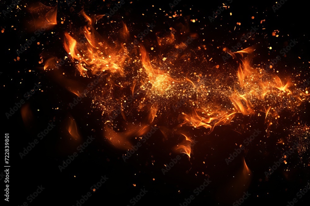 Sparks and embers flying up in the dark sky, creating a dazzling light ...