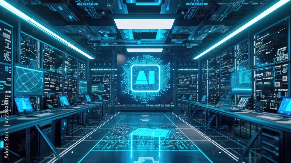 High Tech Lab with AI Chip and surrounded by various electronic devices ...