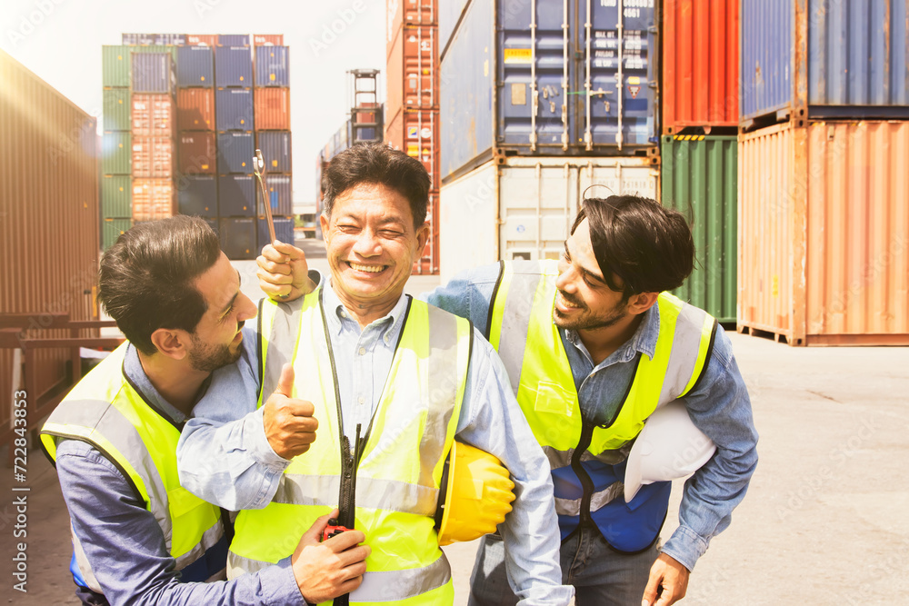 Good work : Senior and young male workers workers working in teams and ...